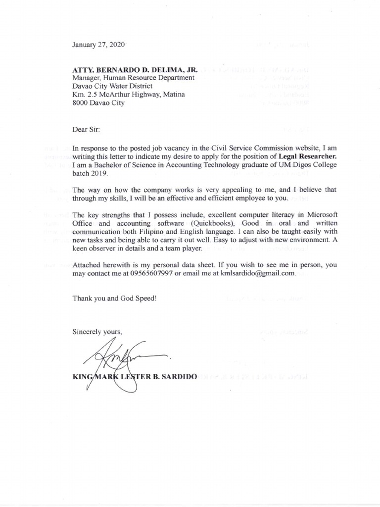 Application Letter - DCWD | PDF