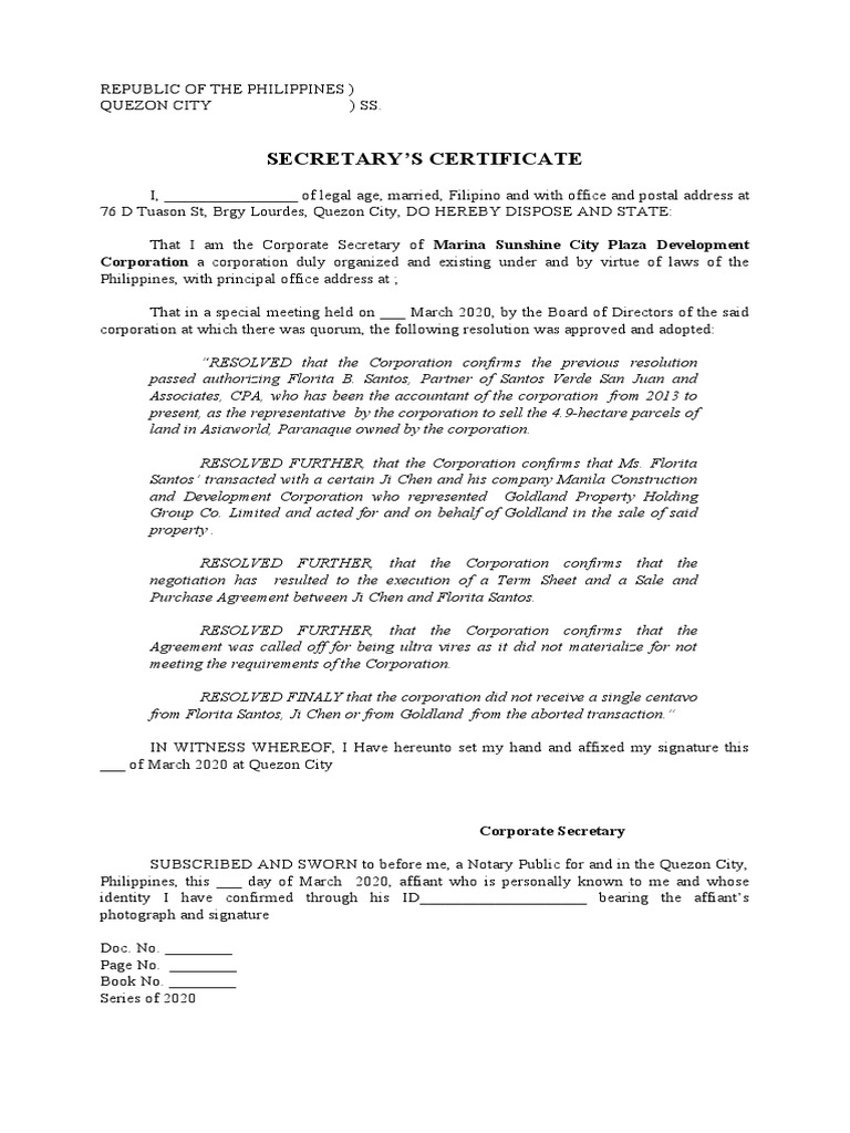 Sample Secretary's Certificate Alfonso Siy | PDF | Justice | Crime & Violence