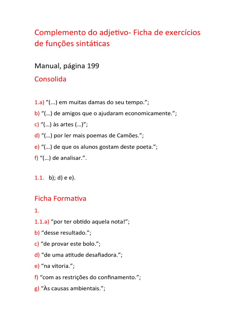 Complemento Do Adjetivo-Ficha Das Funções Sintáticas | PDF