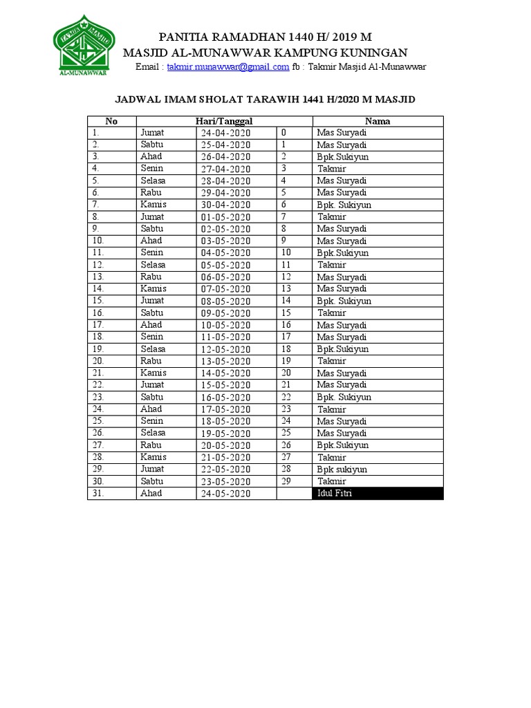Jadwal Imam Sholat Tarawih Masjid | PDF