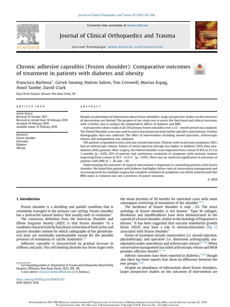 Chronic Adhesive Capsulitis (Frozen Shoulder) - Comparative Outcomes of ...
