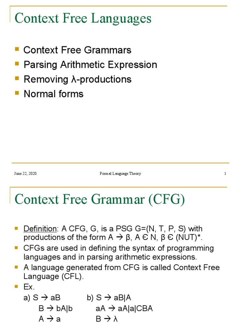 Context Free Languages: Context Free Grammars Parsing Arithmetic Expression Removing λ ...