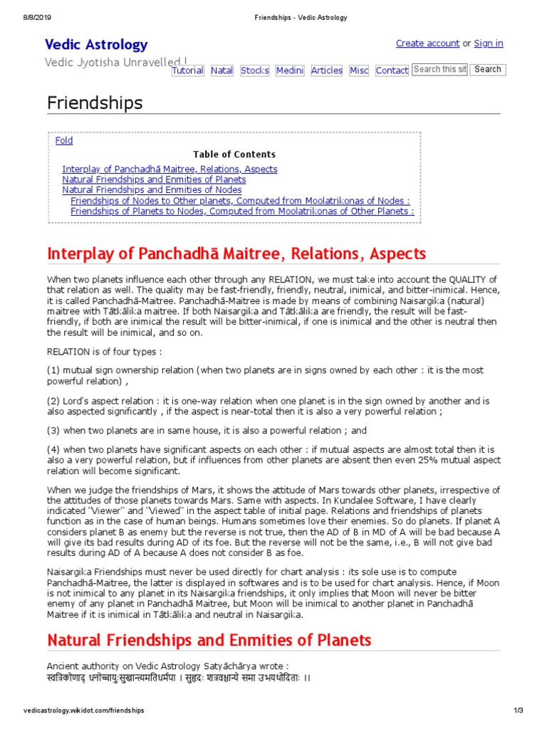 Friendships - Vedic Astrology | PDF | Planets In Astrology | Astrology