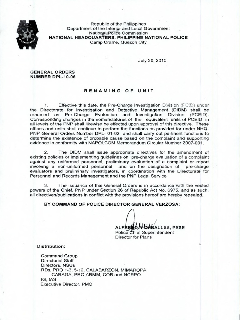PNP General Orders Number DPL 10-06 Renaming of Unit | PDF