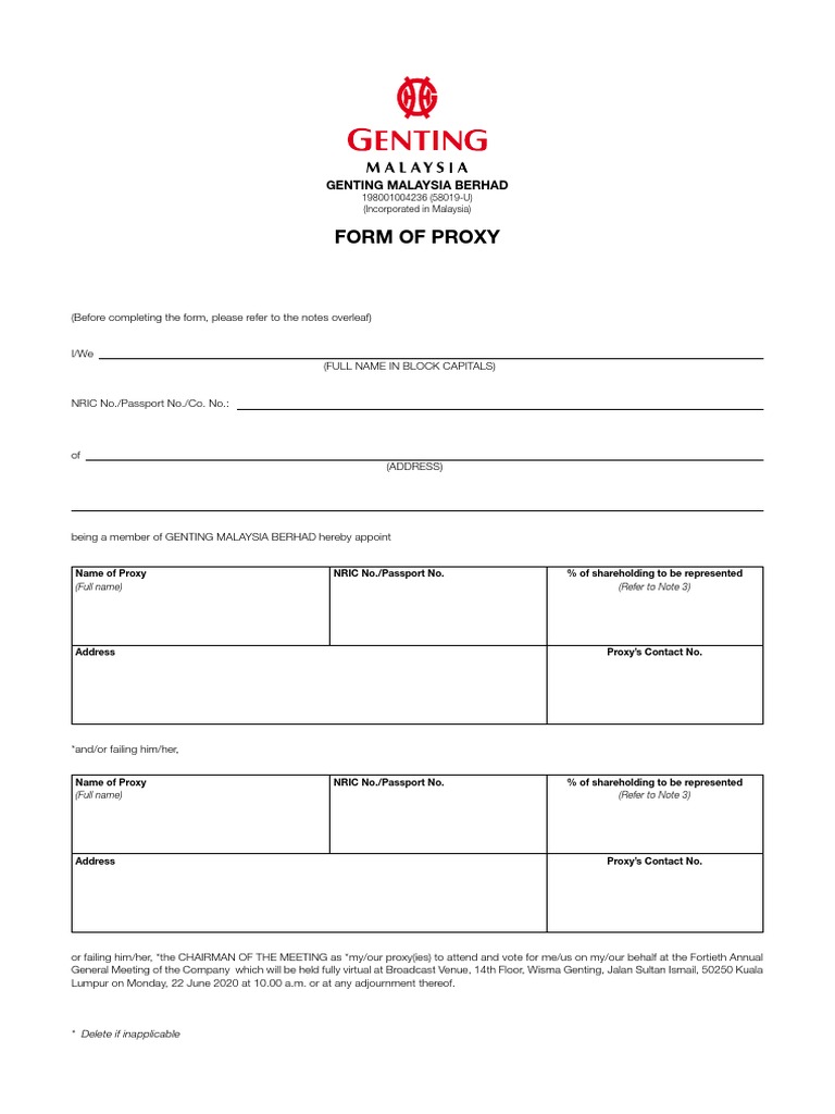 Form of Proxy: Genting Malaysia Berhad | PDF | Proxy Voting ...