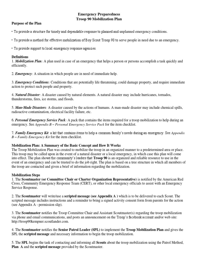 Troop 90 Mobilization Plan | PDF | Emergency | Business