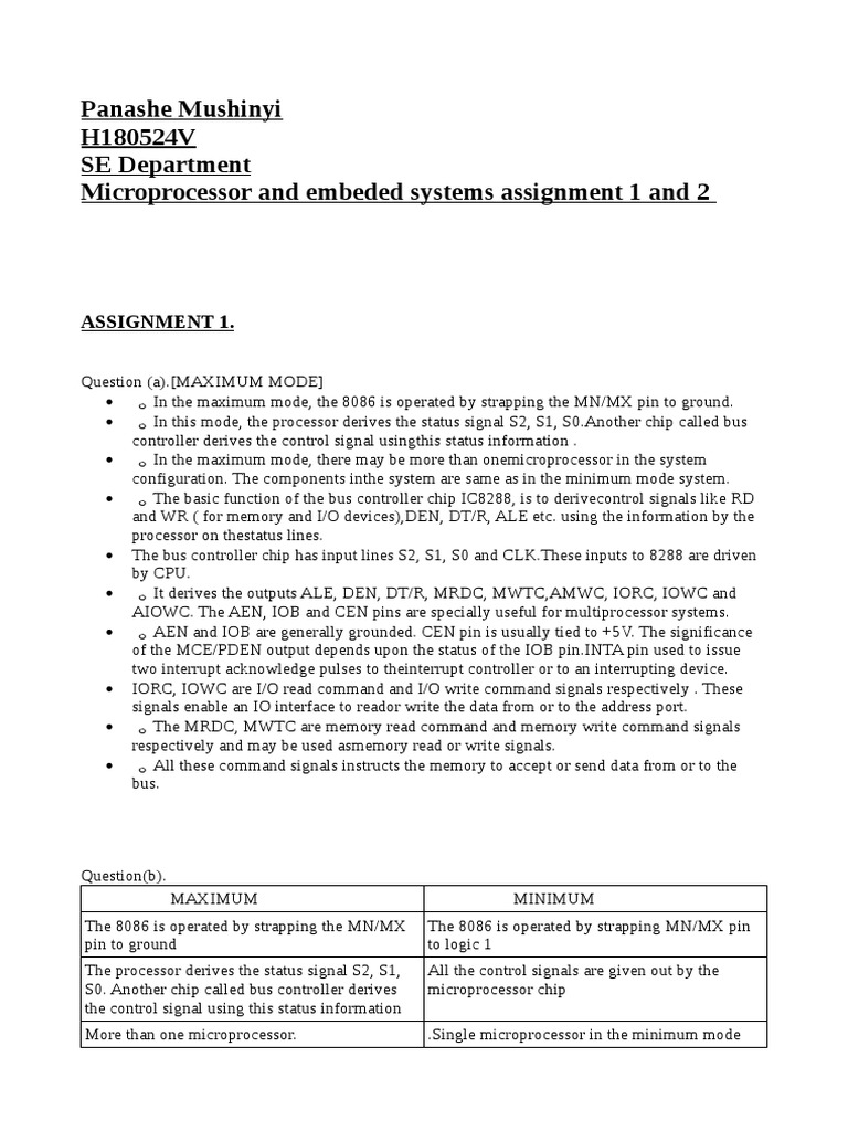 Panashe Mushinyi H180524V SE Department Microprocessor and Embeded Systems Assignment 1 and 2 ...