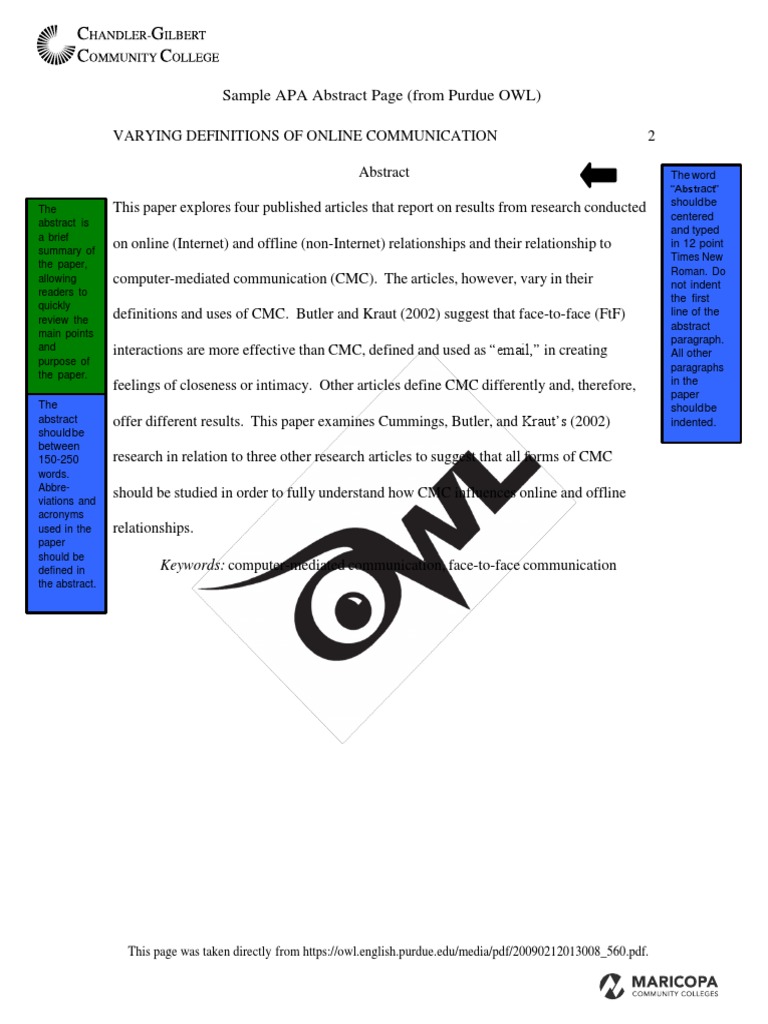 Sample APA Abstract Page (From Purdue OWL) : Keywords: Computer ...