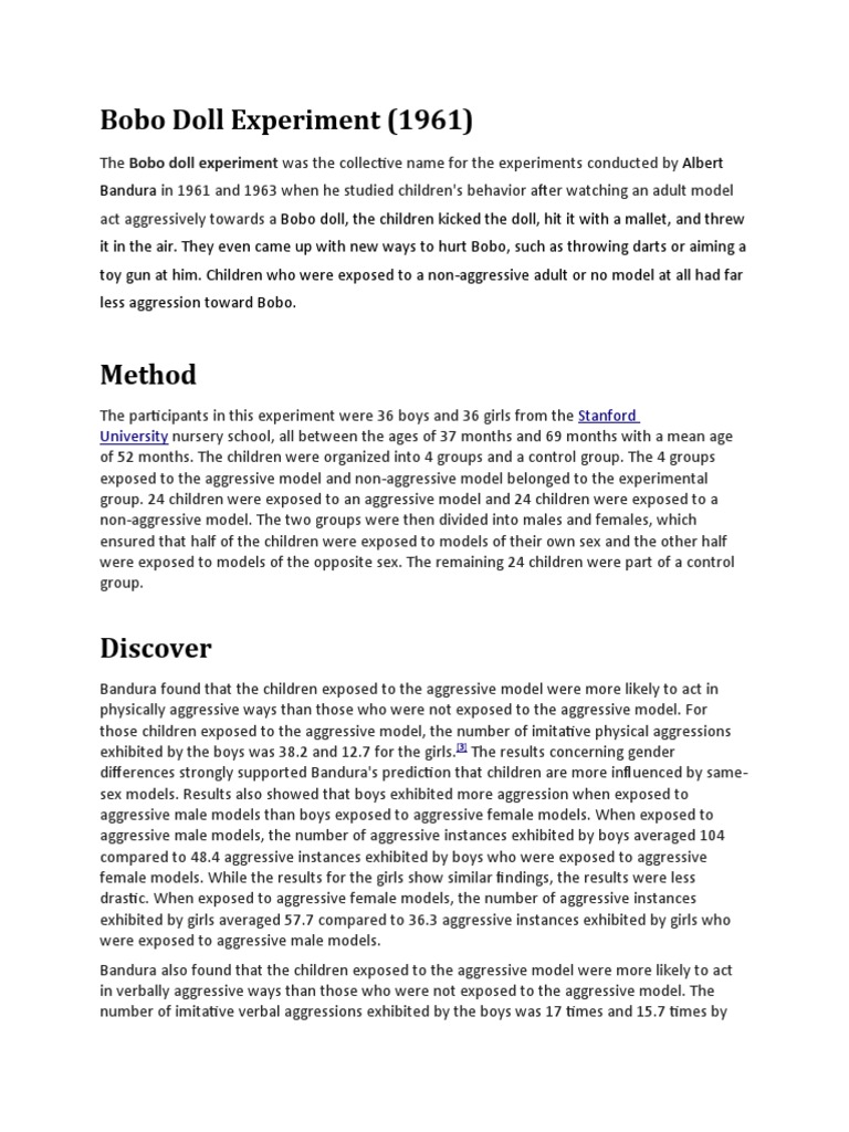 Bobo Doll Experiment | PDF | Action (Philosophy) | Cognitive Science