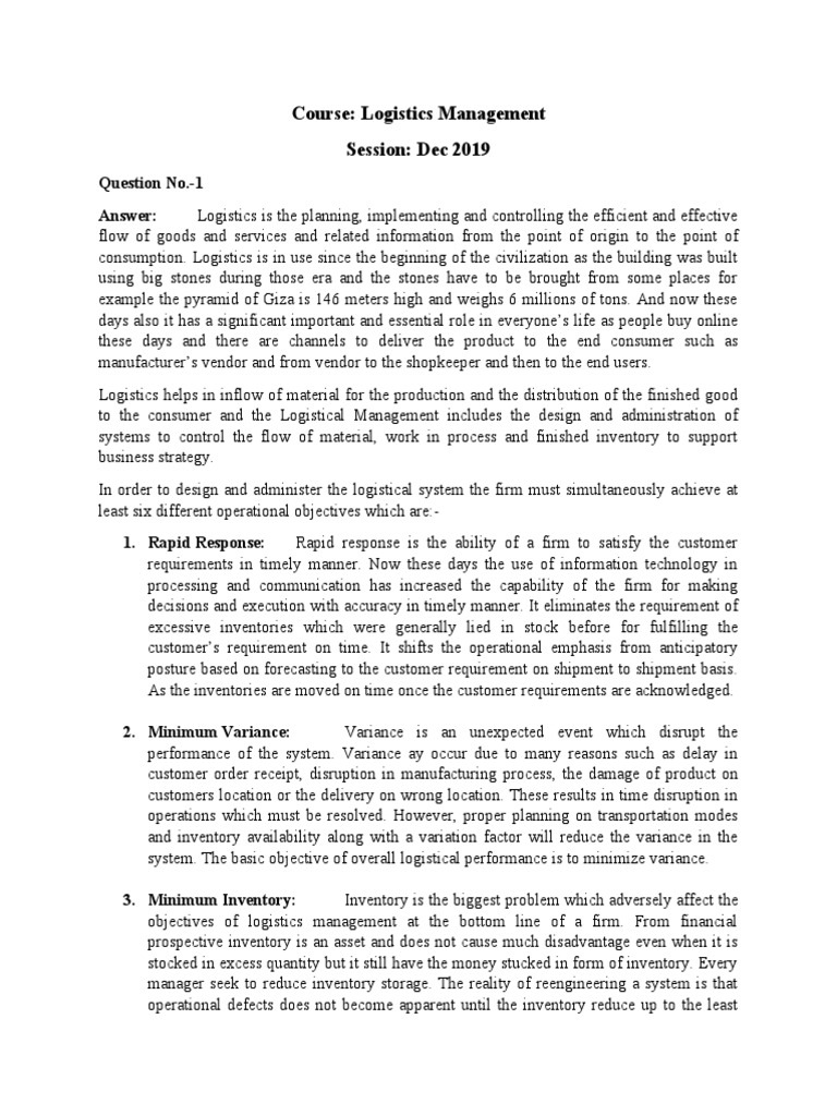 Course: Logistics Management Session: Dec 2019: Question No.-1 Answer ...