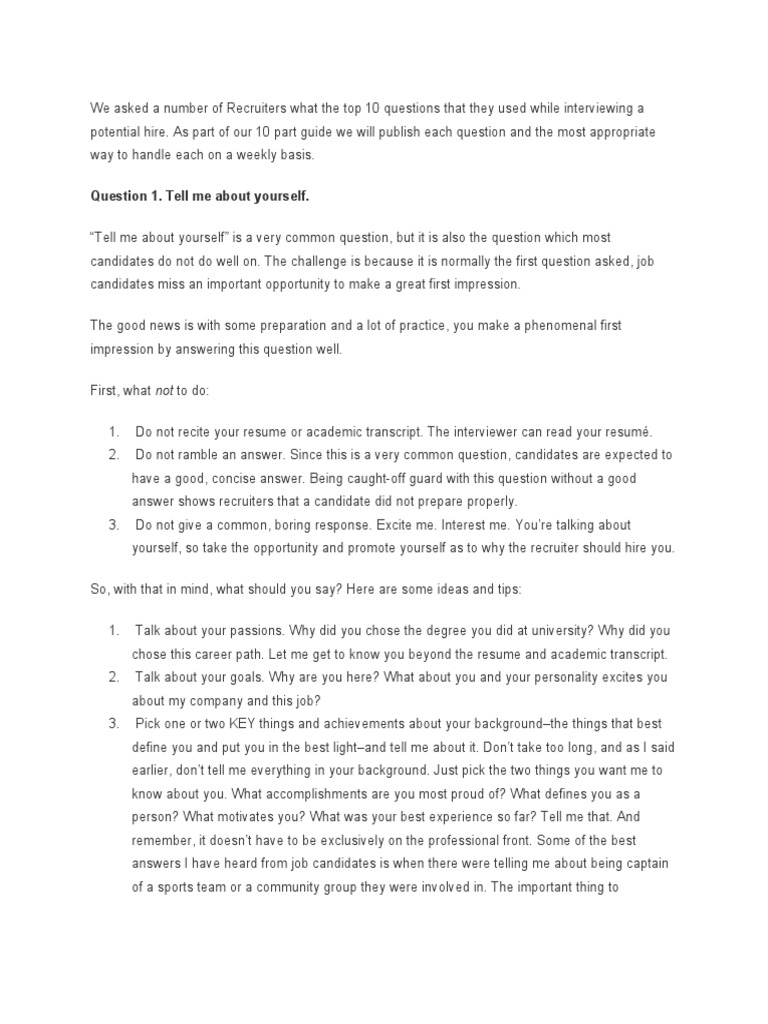 TOP 10 Interview Questions | PDF | Goal | Question