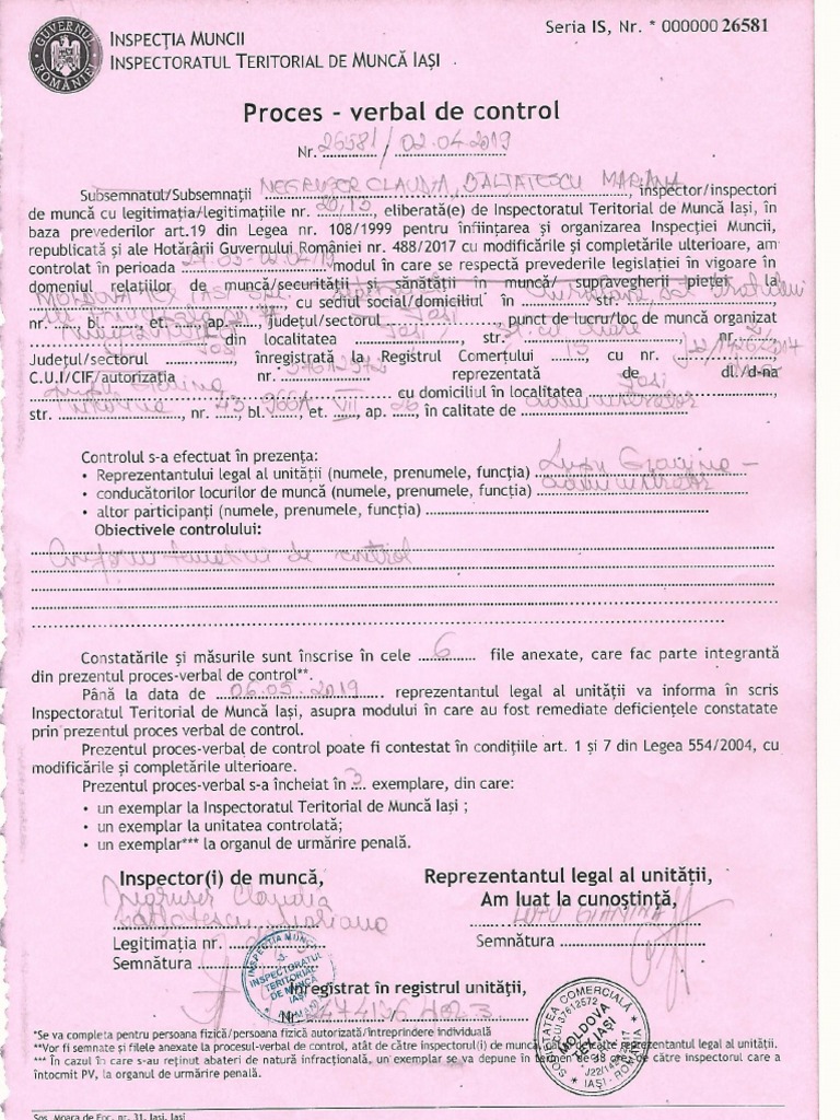 Proces Verbal Si Masuri - Control ITM - Moldova Tex Iasi 02.04.2019 PDF ...