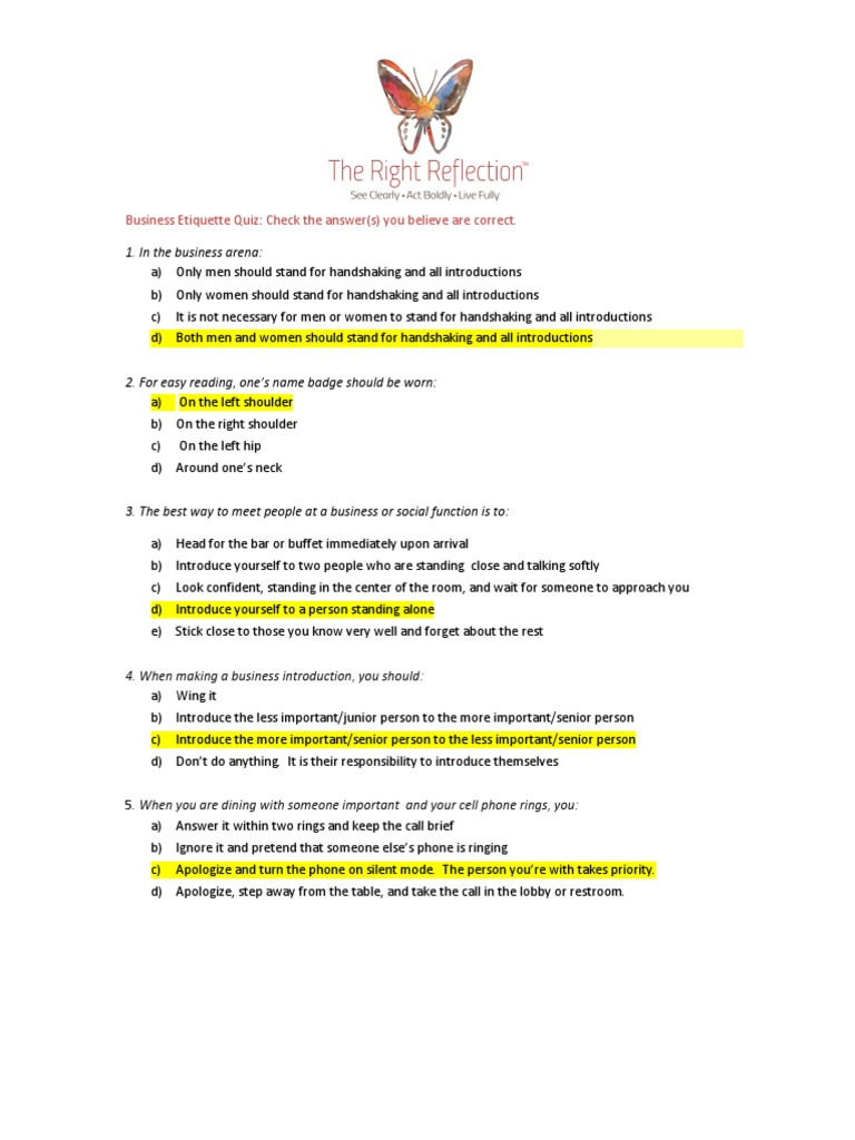Business Etiquette Quiz: Check The Answer(s) You Believe Are Correct ...