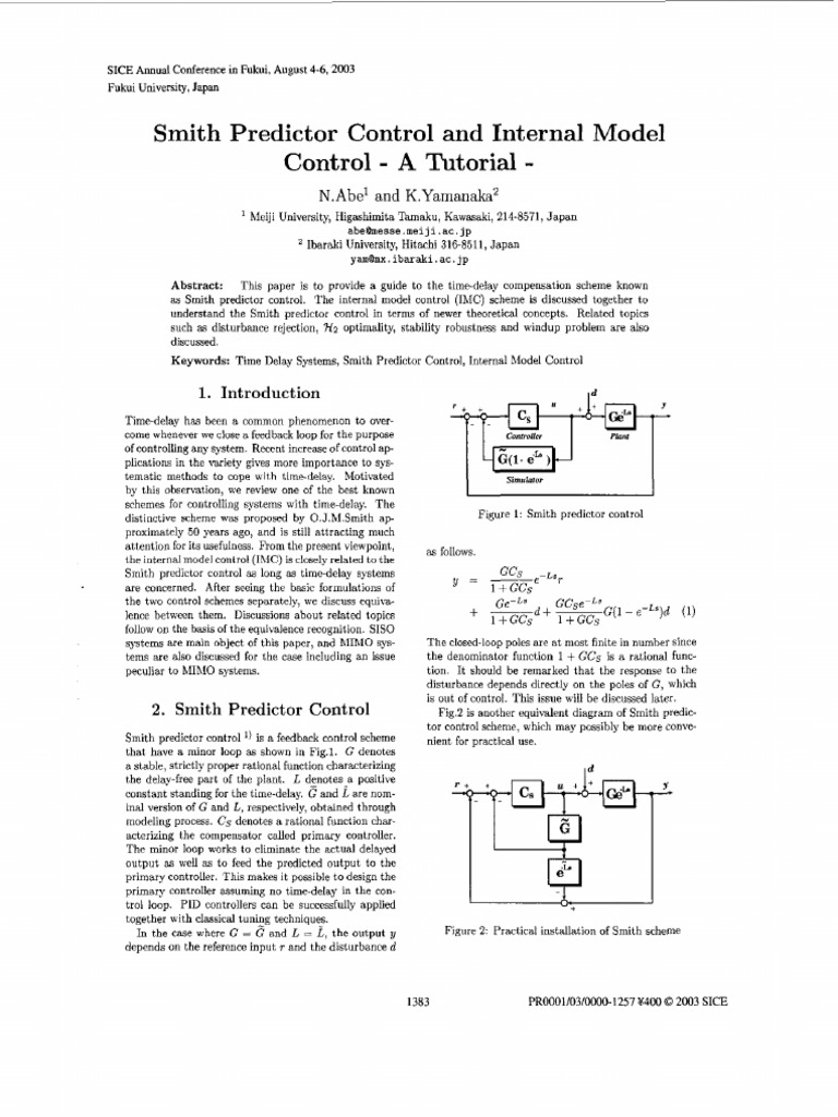 Smith Predictor Control and Internal Model Control - A Tutorial 03 PDF | PDF | Control Theory ...