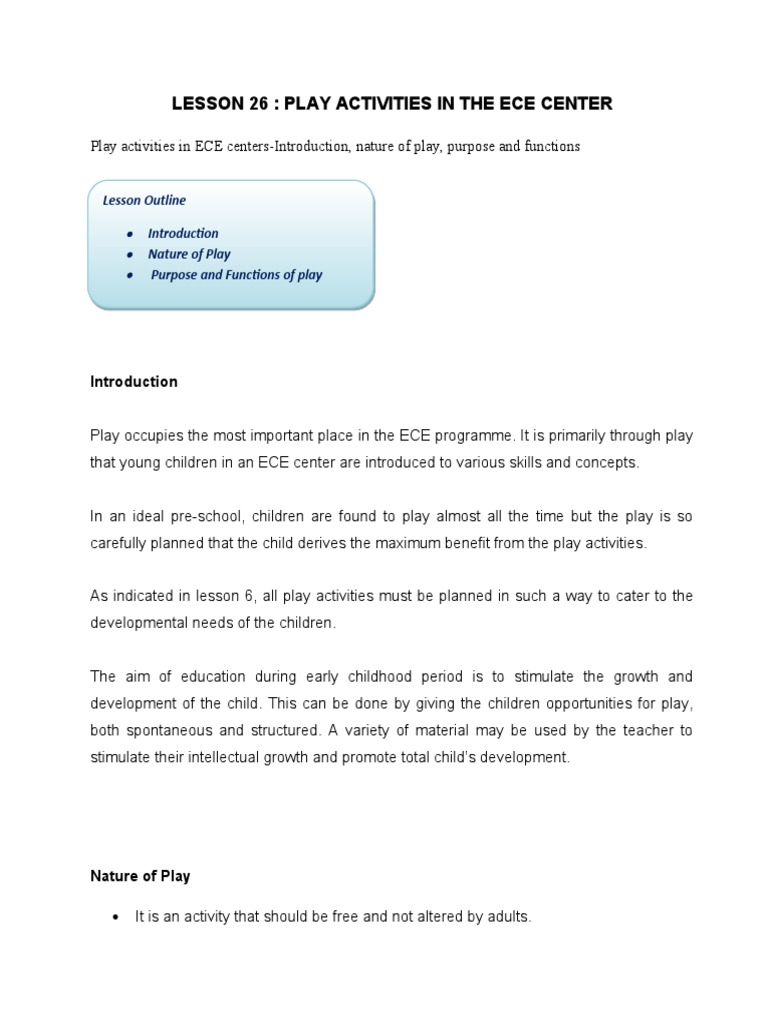 Lesson 26: Play Activities in The Ece Center: Lesson Outline Nature of ...
