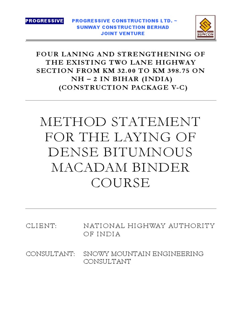 Method Statement For The Laying of Dense Bitumnous Macadam Binder Course | PDF | Asphalt ...