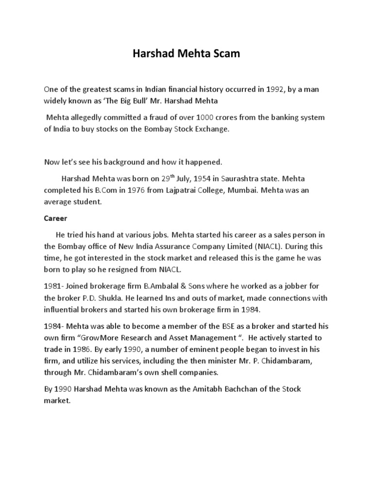 Harshad Mehta Scam: Career He Tried His Hand at Various Jobs | PDF ...