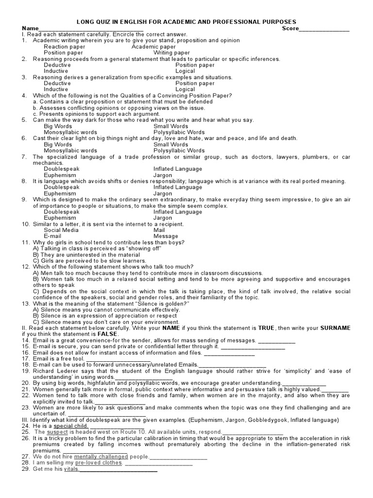 Long Quiz in English For Academic and Professional Purposes Name ...