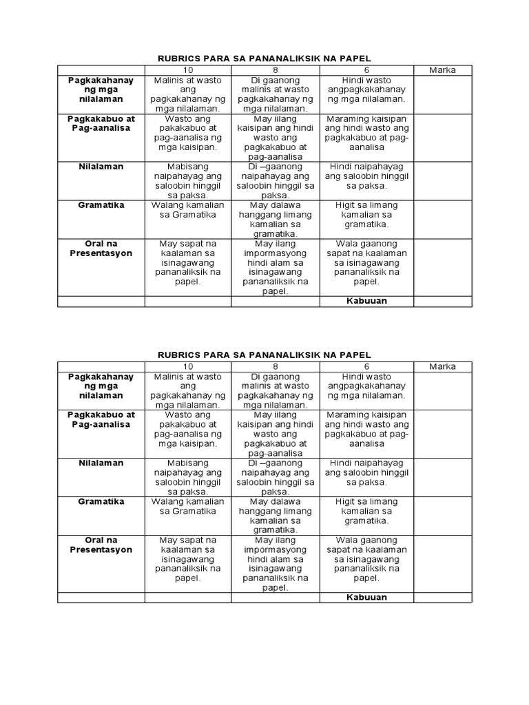 Rubrics para Sa Sulating Pormal | PDF