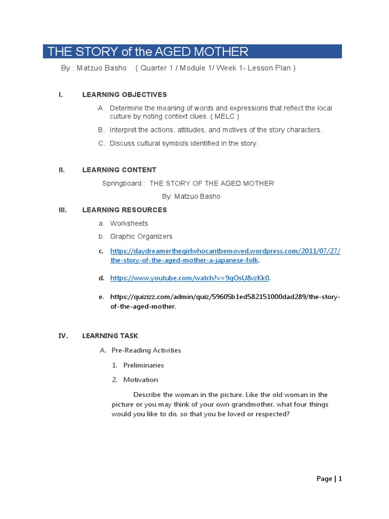 THE STORY of The AGED MOTHER LP and Worksheets | PDF | Lesson Plan ...