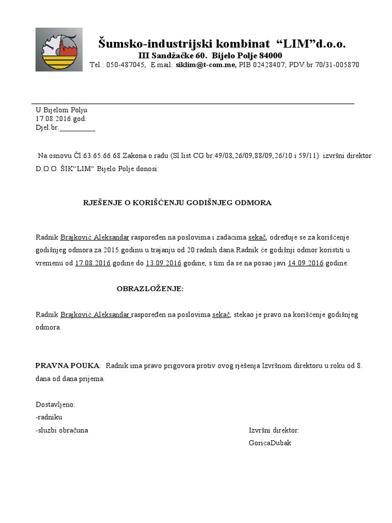 Resenje o Godisnjem Odmoru | PDF