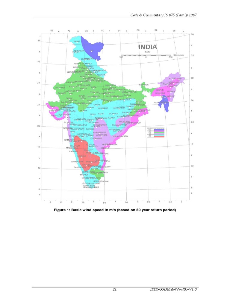 Code & Commentary IS 875 (Part 3) 1987: Figure 1: Basic Wind Speed in M ...