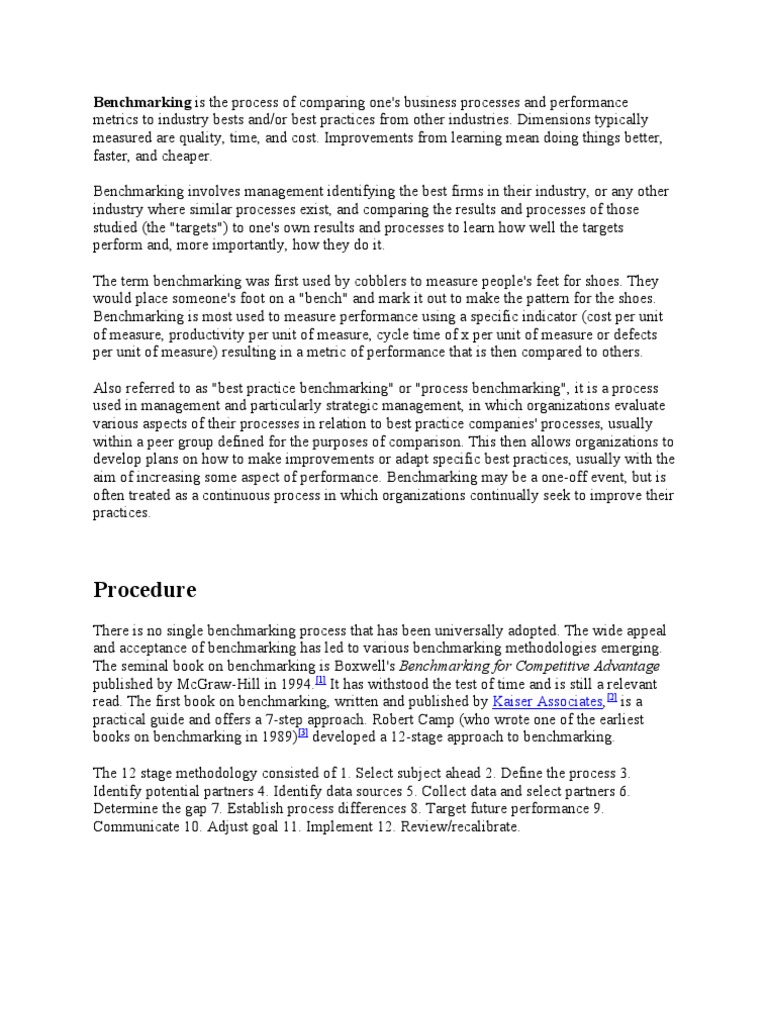 Bench Marking Is The Process of Comparing One | PDF | Benchmarking ...