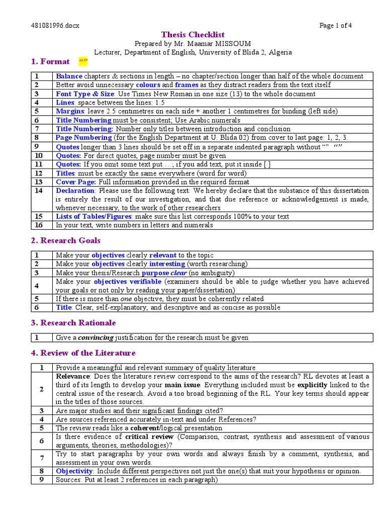 Thesis Checklist 1. Format: Full Information Provided in The Required ...