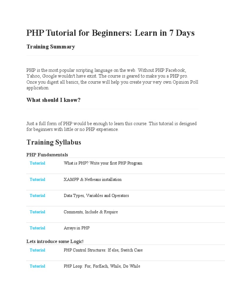 PHP Tutorial For Beginners: Learn in 7 Days: Training Syllabus | PDF