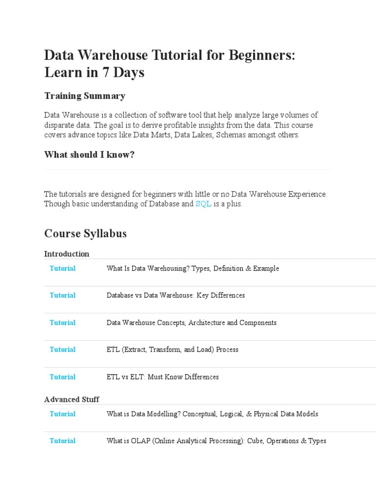 Data Warehouse Tutorial | PDF | Data Warehouse | Data Management