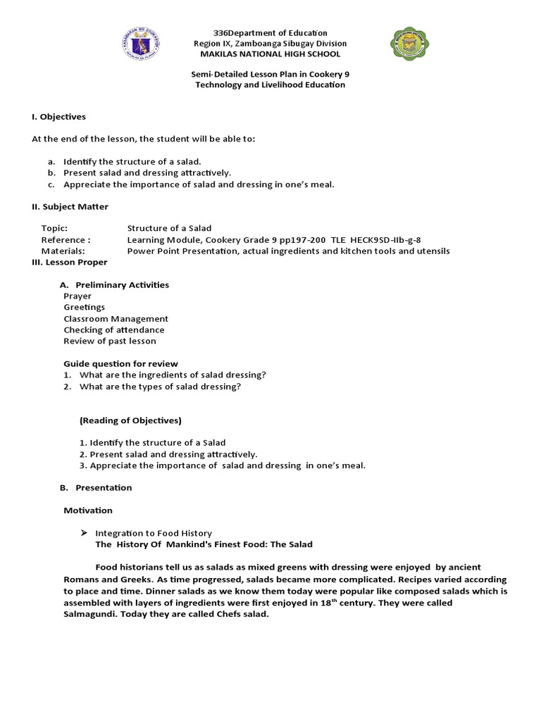 Semi-Detailed Lesson Plan in Cookery | PDF | Salad | Soup