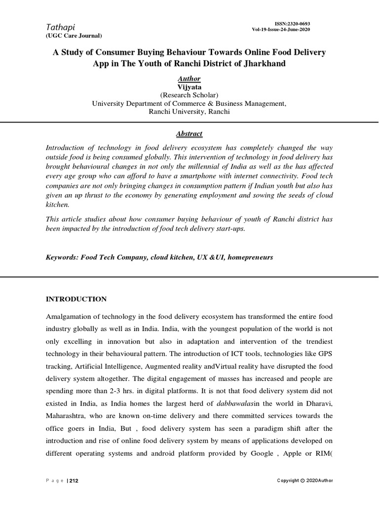 A Study of Consumer Buying Behaviour Towards Online Food Delivery App ...