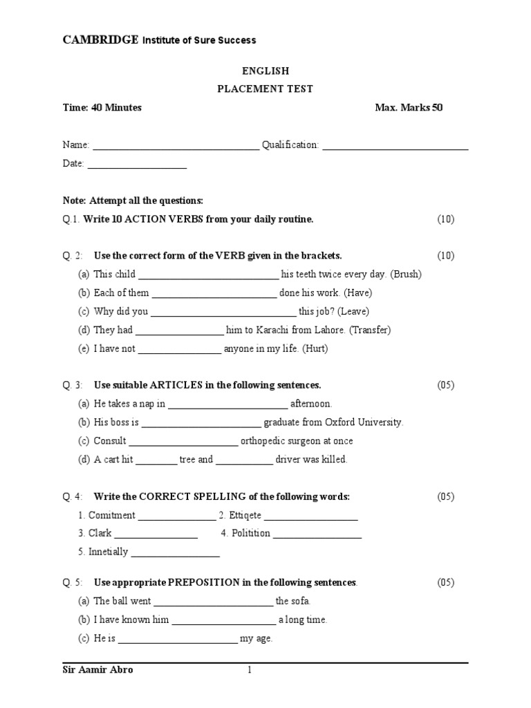 Cambridge: English Placement Test Time: 40 Minutes Max. Marks 50 | PDF ...