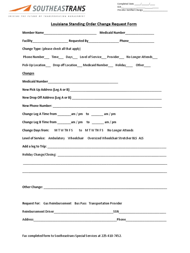 Louisiana Standing Order Change Request Form | PDF