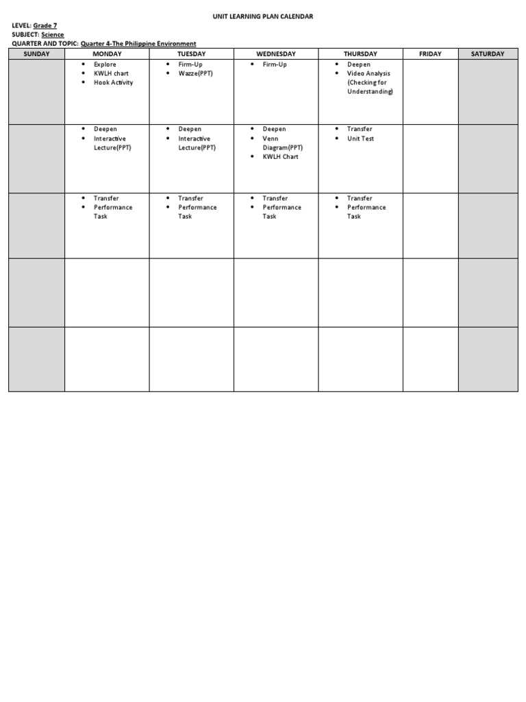 11 - Unit Learning Plan Calendar | PDF