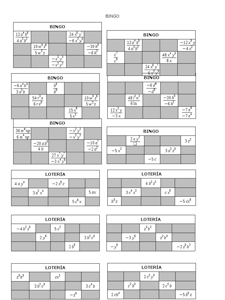 Bingo División de Monomios | PDF | Ajedrez