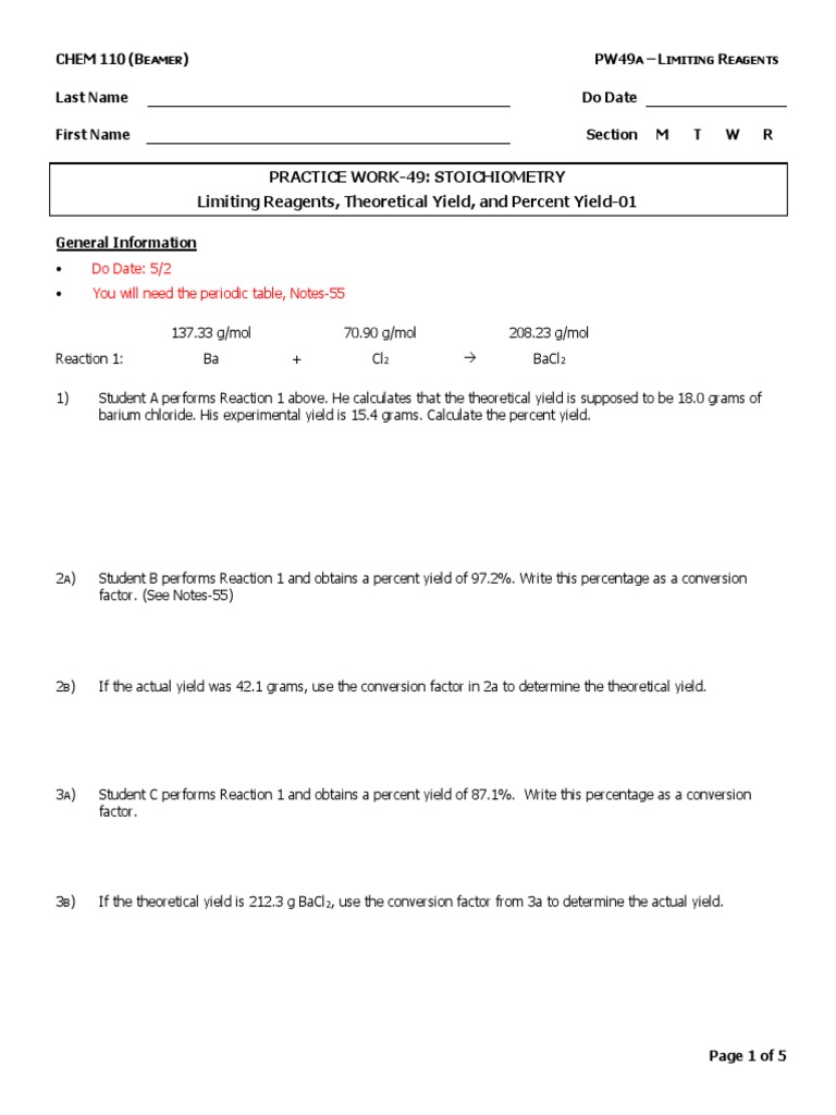 Limiting Reagents, Theoretical Yield, and Percent Yield Practice ...