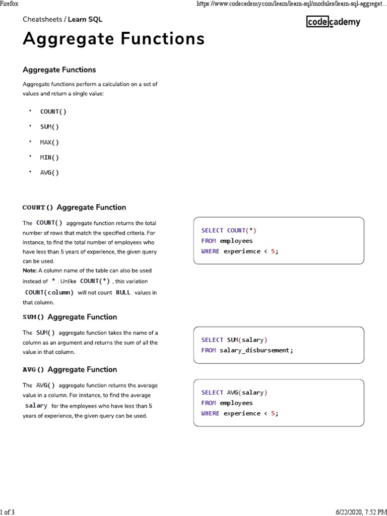 Learn SQL Aggregate Functions Codecademy | PDF | Data Management ...