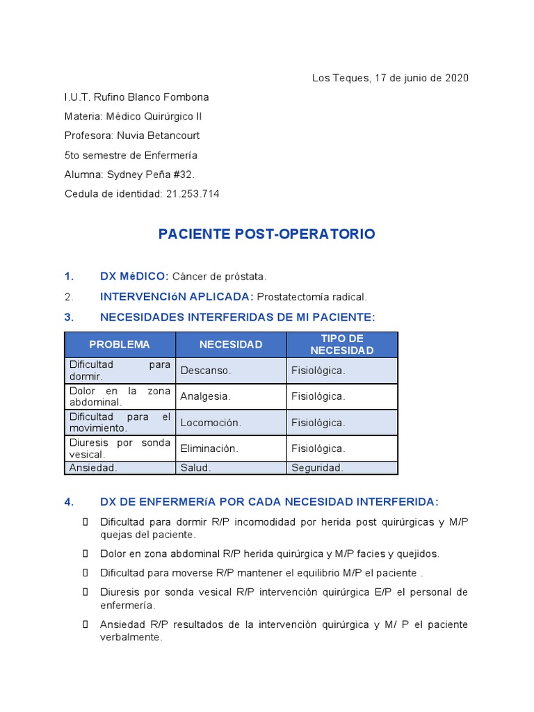 PAE Paciente Post Operatorio | Descargar gratis PDF | Dolor | Enfermería