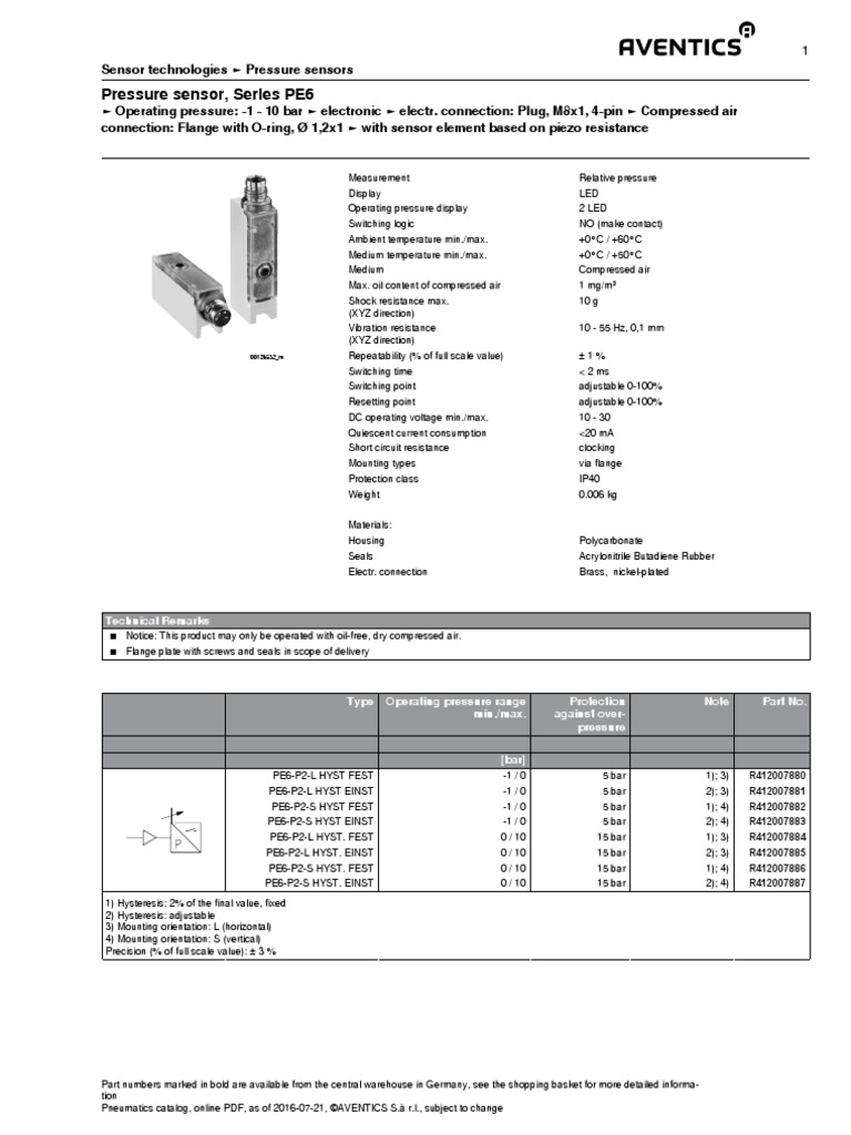 Pressure Sensor, Series PE6: Technical Remarks | PDF | Components ...