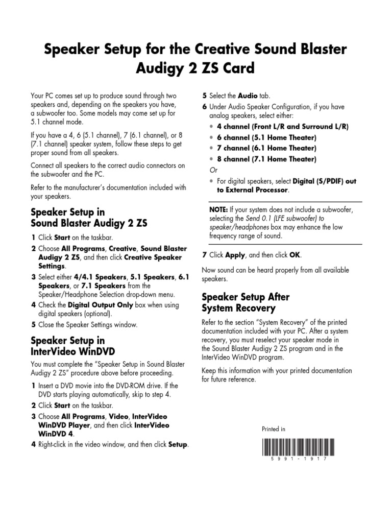 Speaker Setup For The Sound Blaster Audigy 2 ZS | PDF | Loudspeaker ...