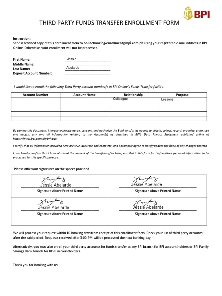 Third Party Funds Transfer Enrollment Form: Instruction | Download Free ...