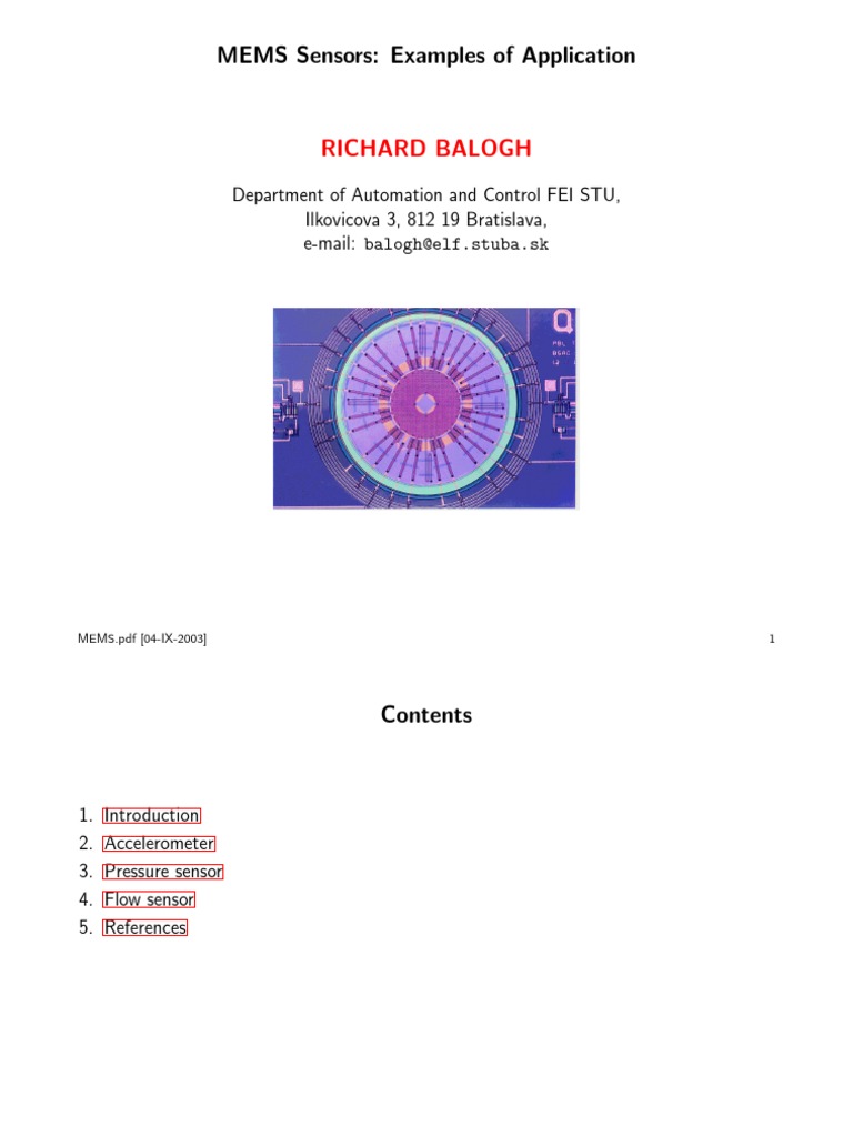 MEMS Sensors: Examples of Application: Richard Balogh | PDF ...