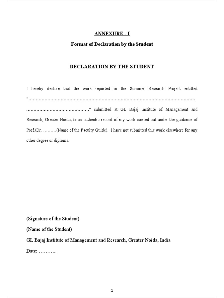 Project Declaration and Acknowledgement Formats | PDF | Psychological ...