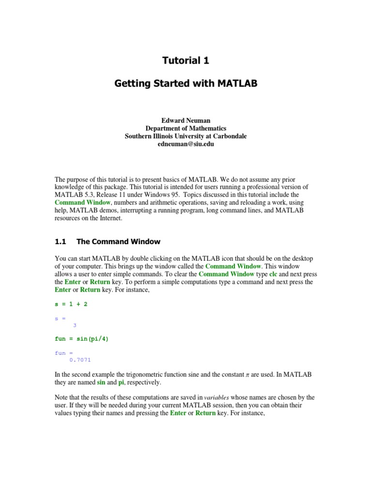 Tutorial 1 Getting Started With MATLAB | PDF | Matlab | Matrix (Mathematics)