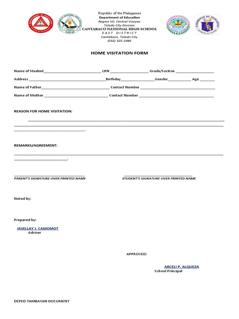 Home Visitation Form: Department of Education | PDF