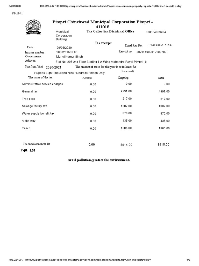 Receipt for Property Taxes Paid to Pimpri Chinchwad Municipal ...