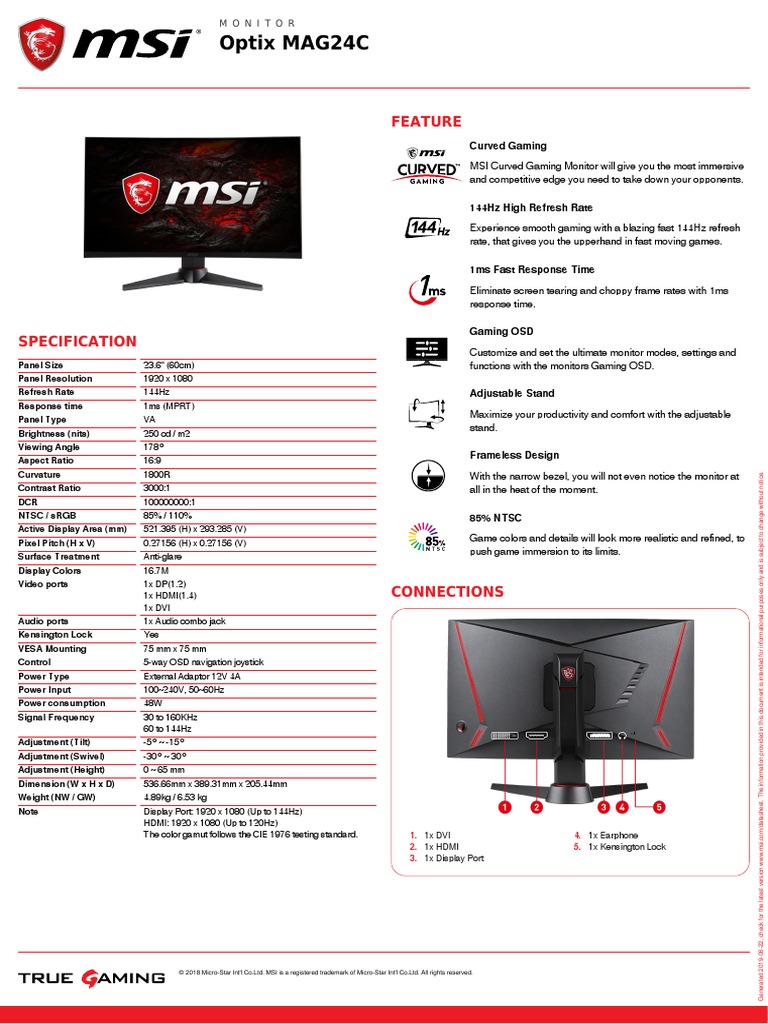 Msi Optix Mag24c Datasheet | PDF | Computer Monitor | Digital Technology
