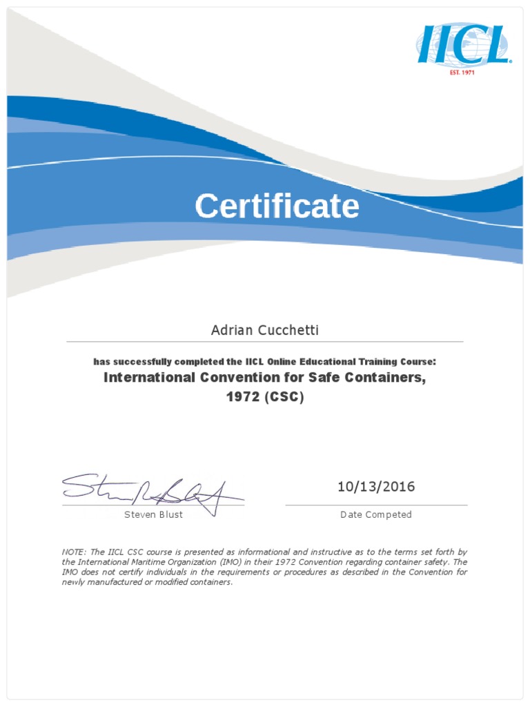 IICL Certificate - International Convention For Safe Containers 1972 ...