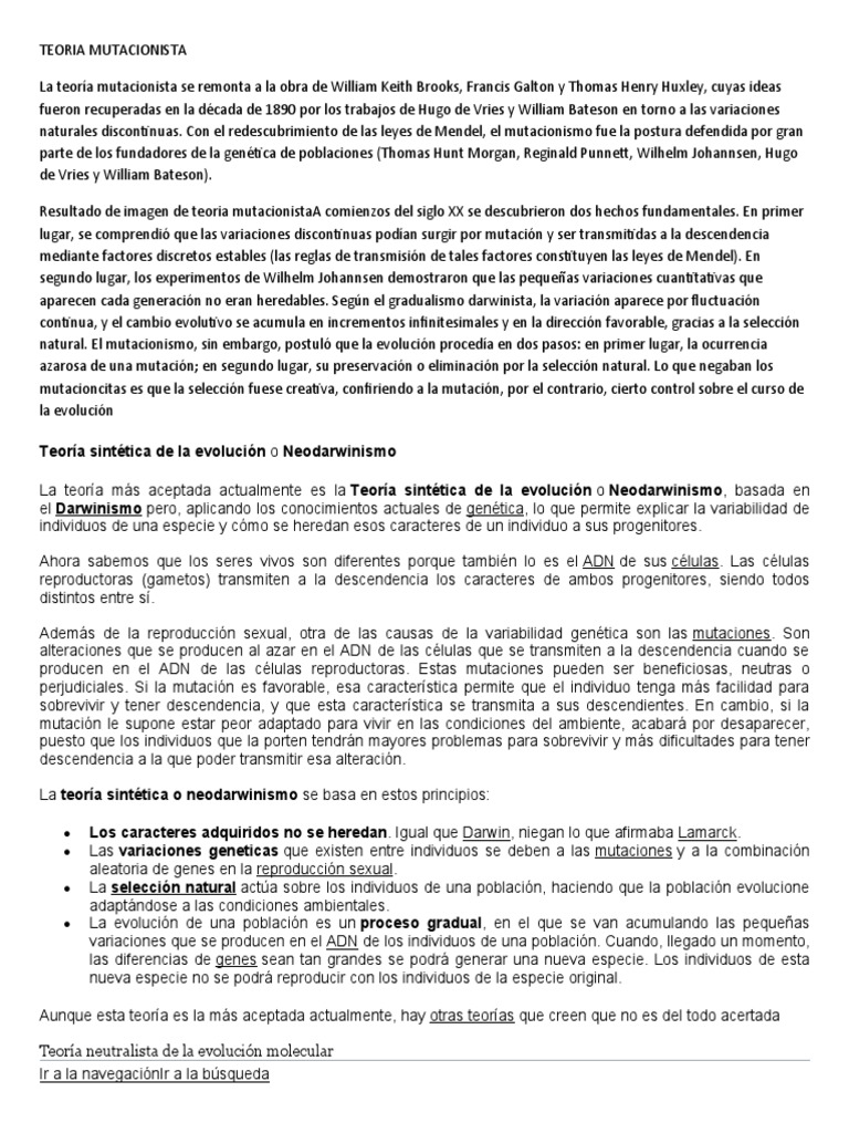 Teoria Mutacionista | PDF | Conceptos biologicos | Evolución